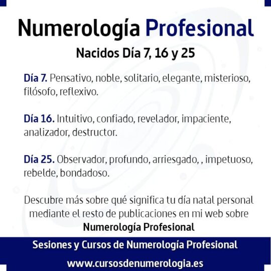 Numerología del número 7. Nacidos días 7, 16 y 25. Día Personal 7.
